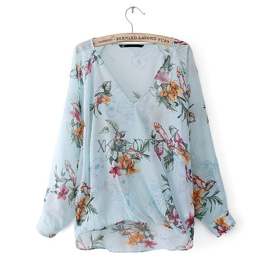 Cross Neck Floral Printed Long Sleeve Blouse T1346 Chiffon Blouse Women